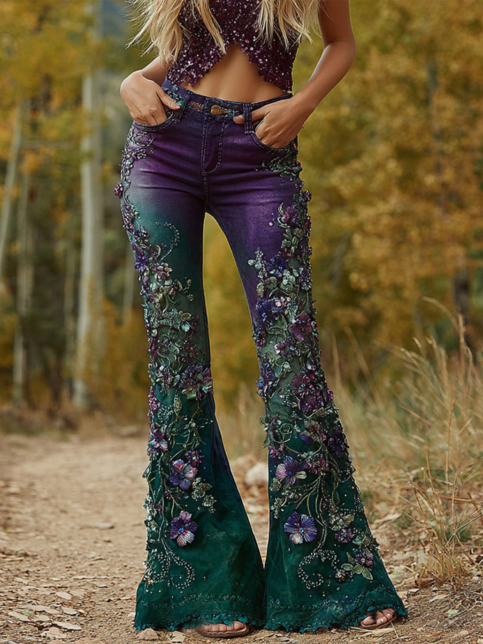 Women's Floral Embroidered Gradient Pattern Straight Flare Denim Pants
