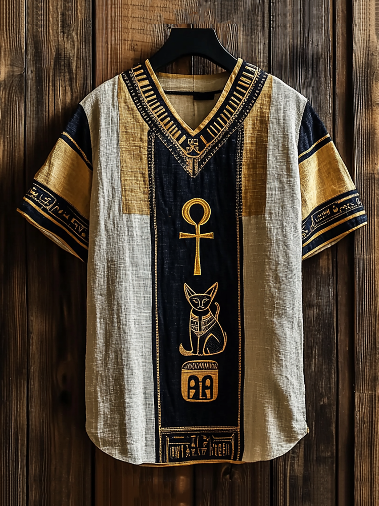 Ancient Egyptian Ankh Bastet Cat Embroidered Linen Shirt