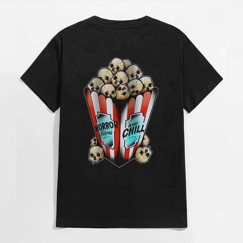 MOTOSUNNY HORROR AND CHILL Skull Popcorn Casual Graphic Black Print T-shirt
