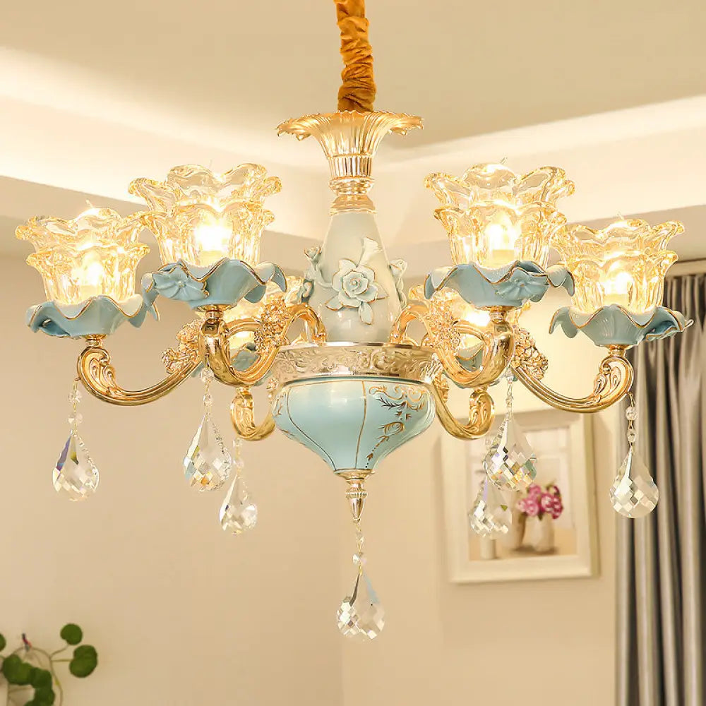 Vintage Ruffle Glass Flower Chandelier with Hanging Crystal - Blue
