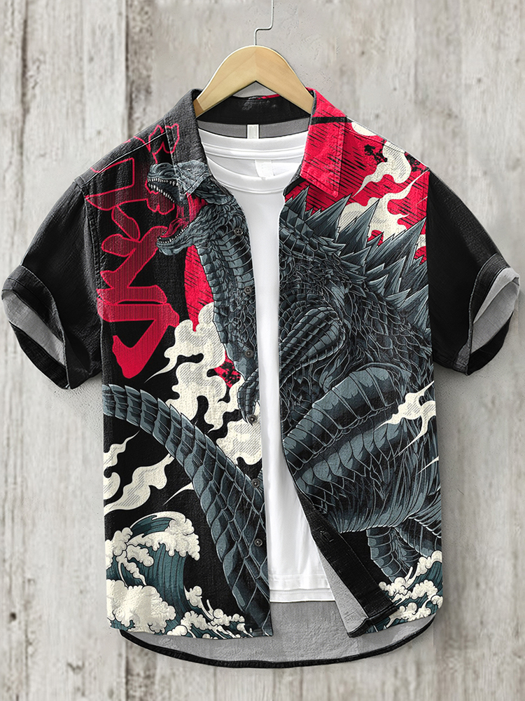Funbibi Men's Vintage Godzilla Japanese Art Print Shirt