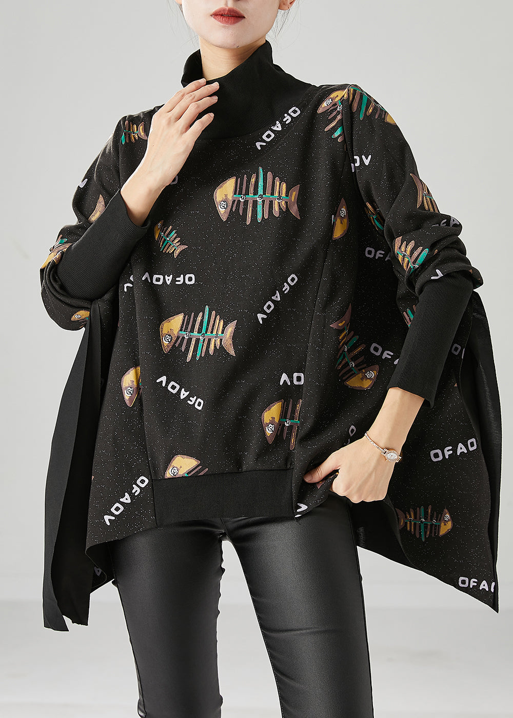 Italian Black Asymmetrical Design Fishbone Print Cotton Loose ...