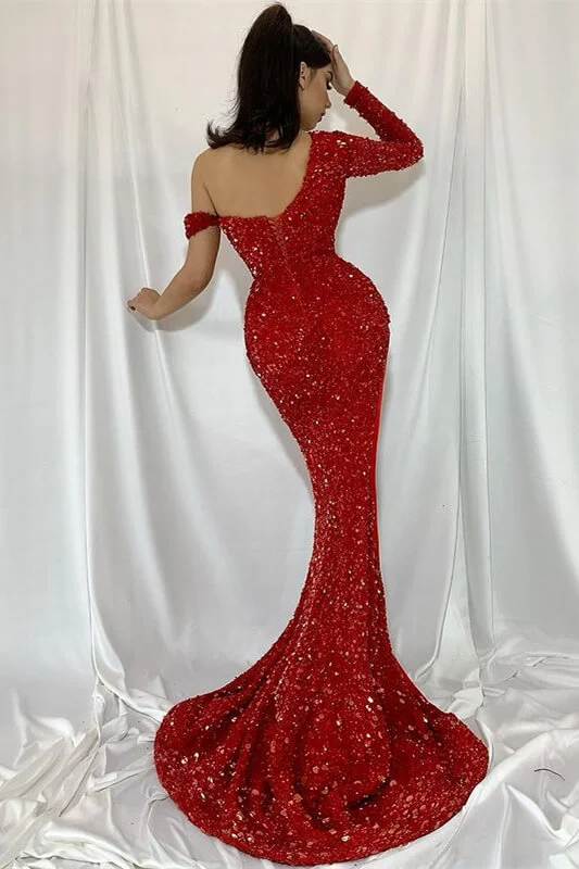 Daisda Sequins Mermaid Red One Shoulder Prom Dress With Split