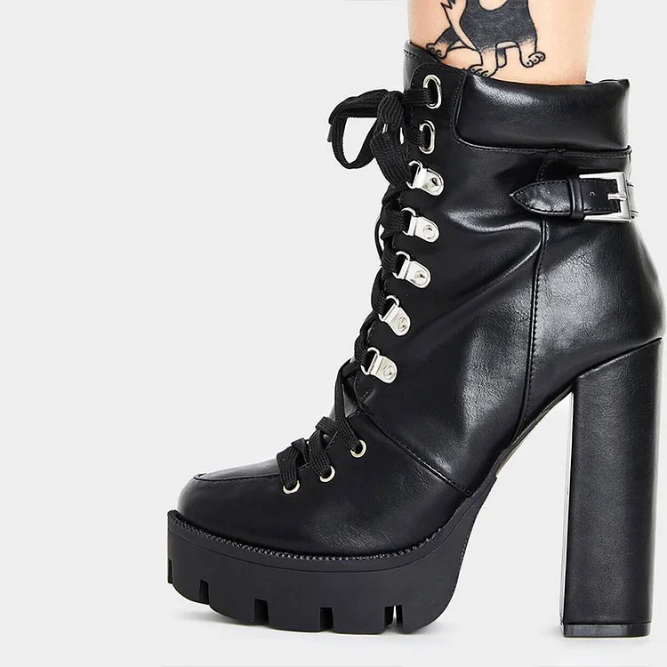 Vintage Black Chunky Heel Lace Up Platform Boots Vdcoo