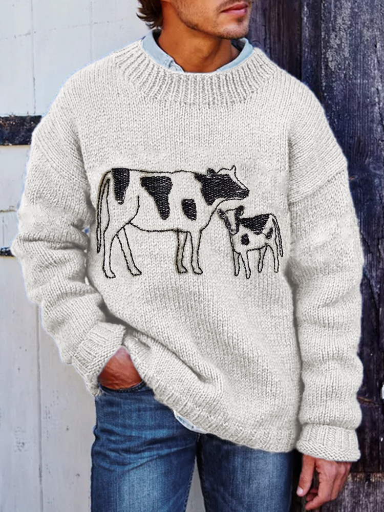 Men's Vintage Diary Cows Embroidered Cozy Knit Sweater