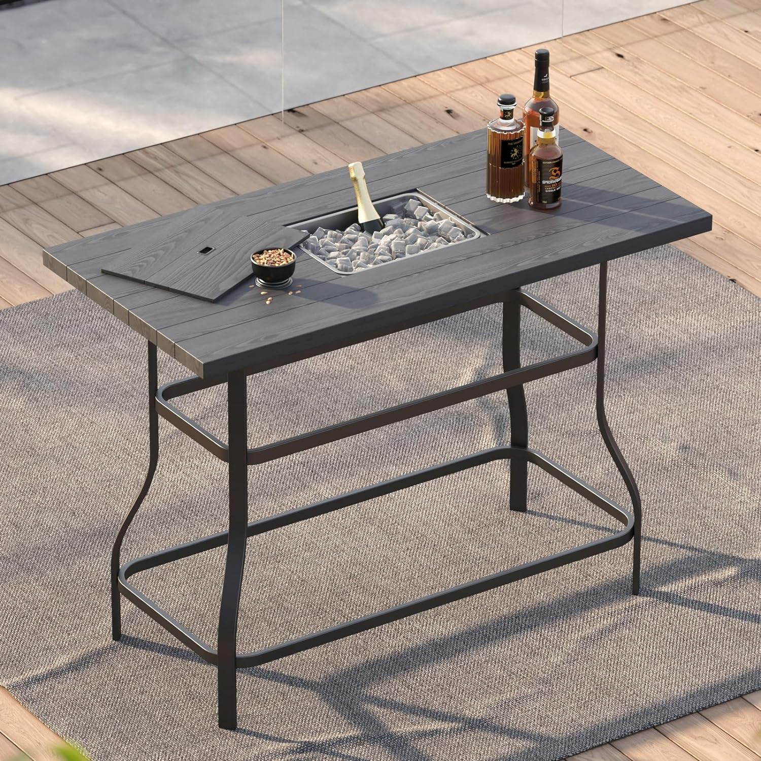 GRAND PATIO Outdoor Bar Table, Faux Wood Grain Dining Table with Ice Bucket