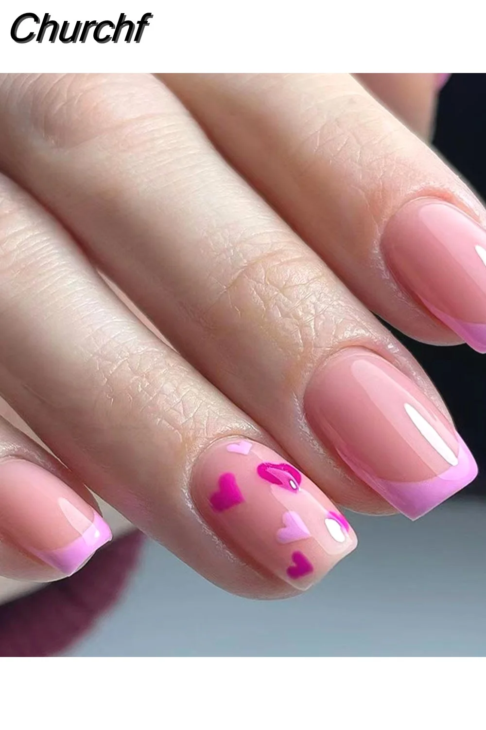 Churchf Square False Nails French Black Love Pattern Silver Black Line ...