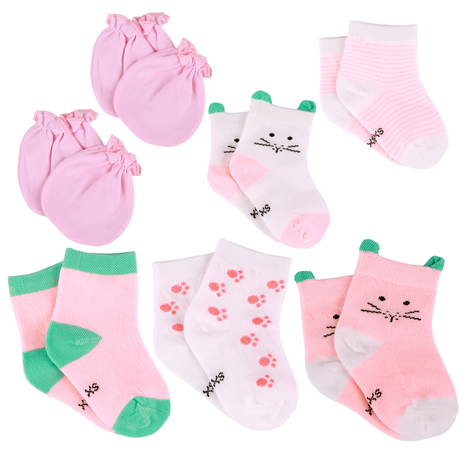 For 17"-22" Green and Pink Kitten Socks Set 5-pcs Set