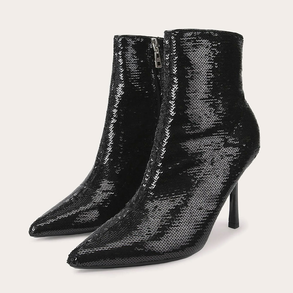 Black Pointed Toe Stiletto Heel Sequin Short Booties with Zipper