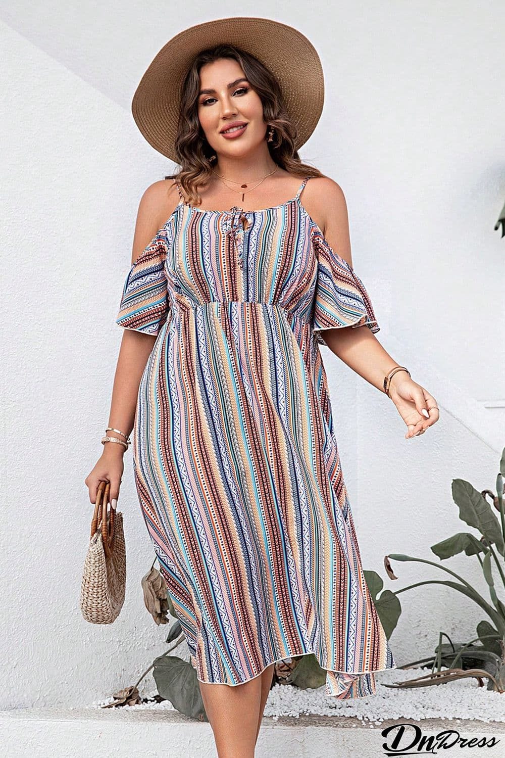 Plus Size Striped Cold-Shoulder Dress | DnDress.com