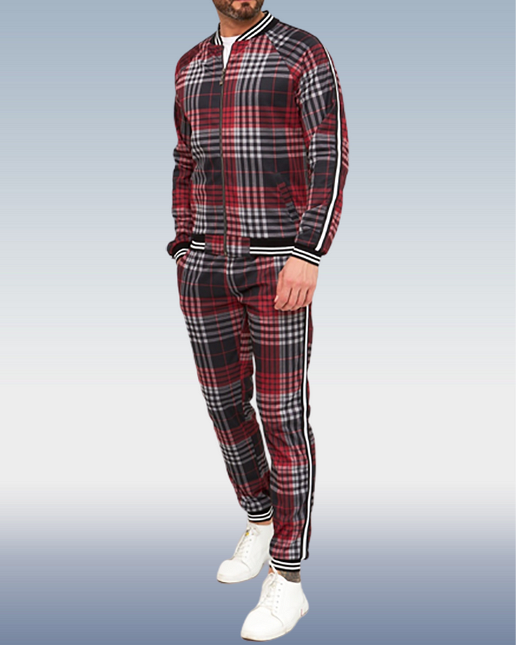 Men's Red Plaid Tracksuit Full Set -00040
