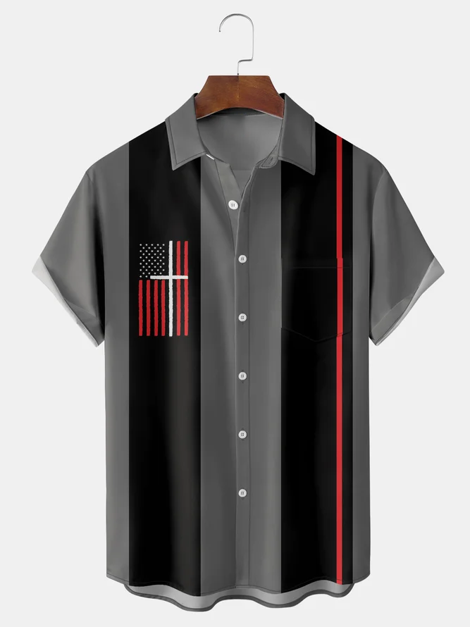 American Flag Crucifix Chest Pocket Short Sleeve Shirt