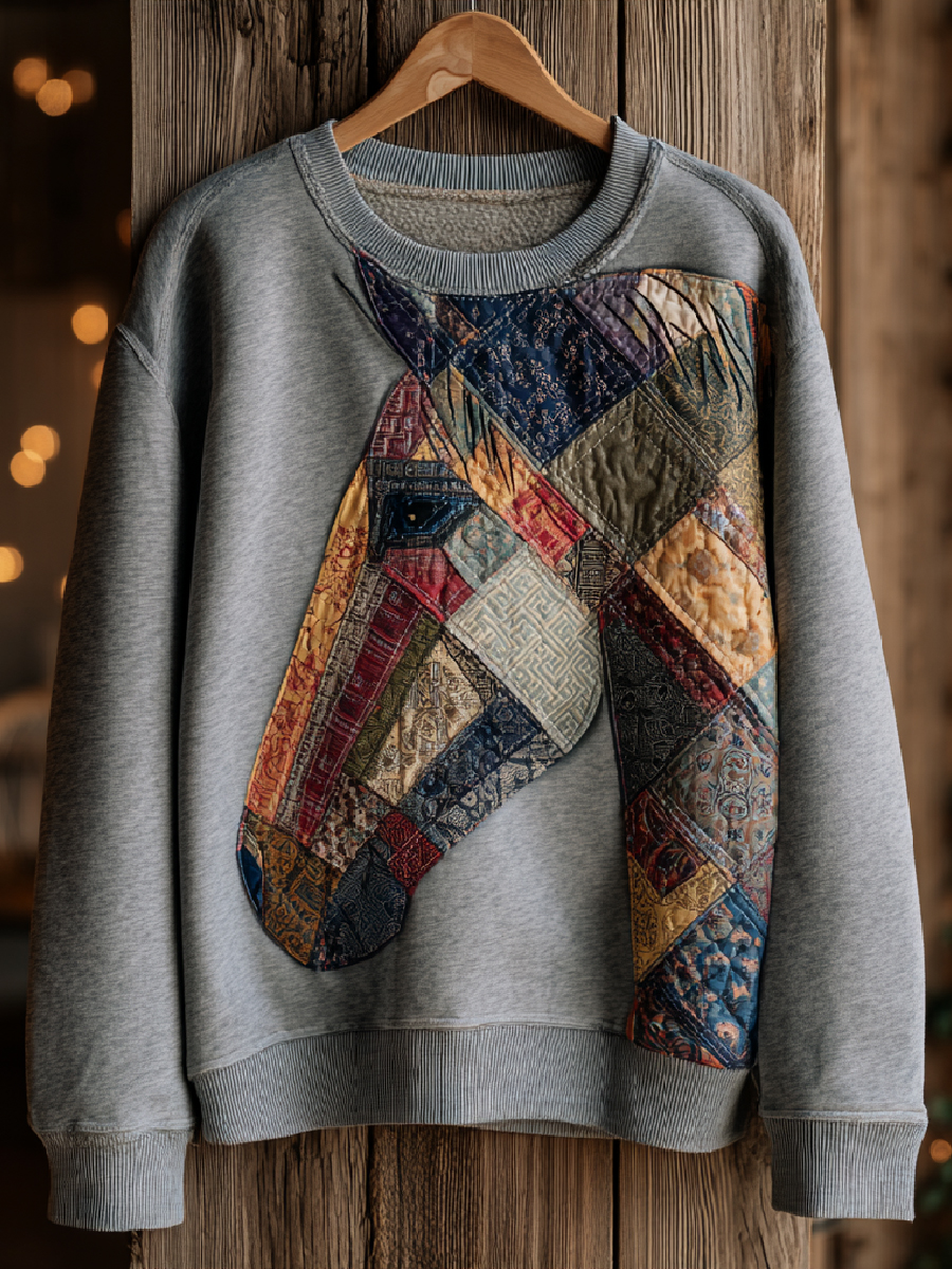 Retro Horse Patchwork Art Print Casual Sweatshirt