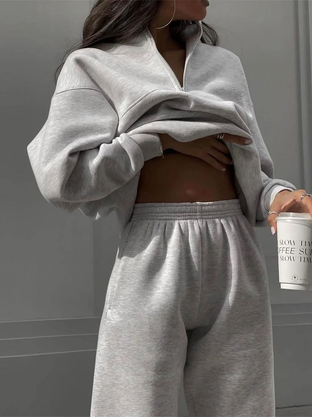 Plain Stand Collar Loose Casual Sweatshirt set