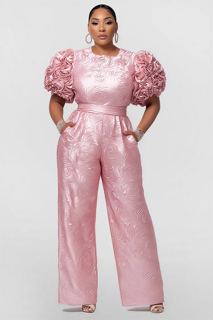 Xpluswear Design Plus Size Formal Pink Round Neck Puff Sleeve Short ...