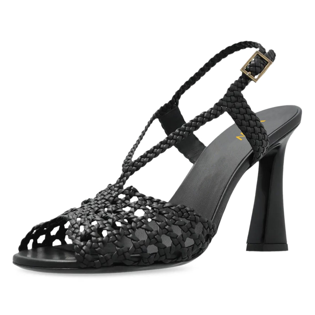Flared High Heel Braided Buckled Cut-Out Black Sandals for Women