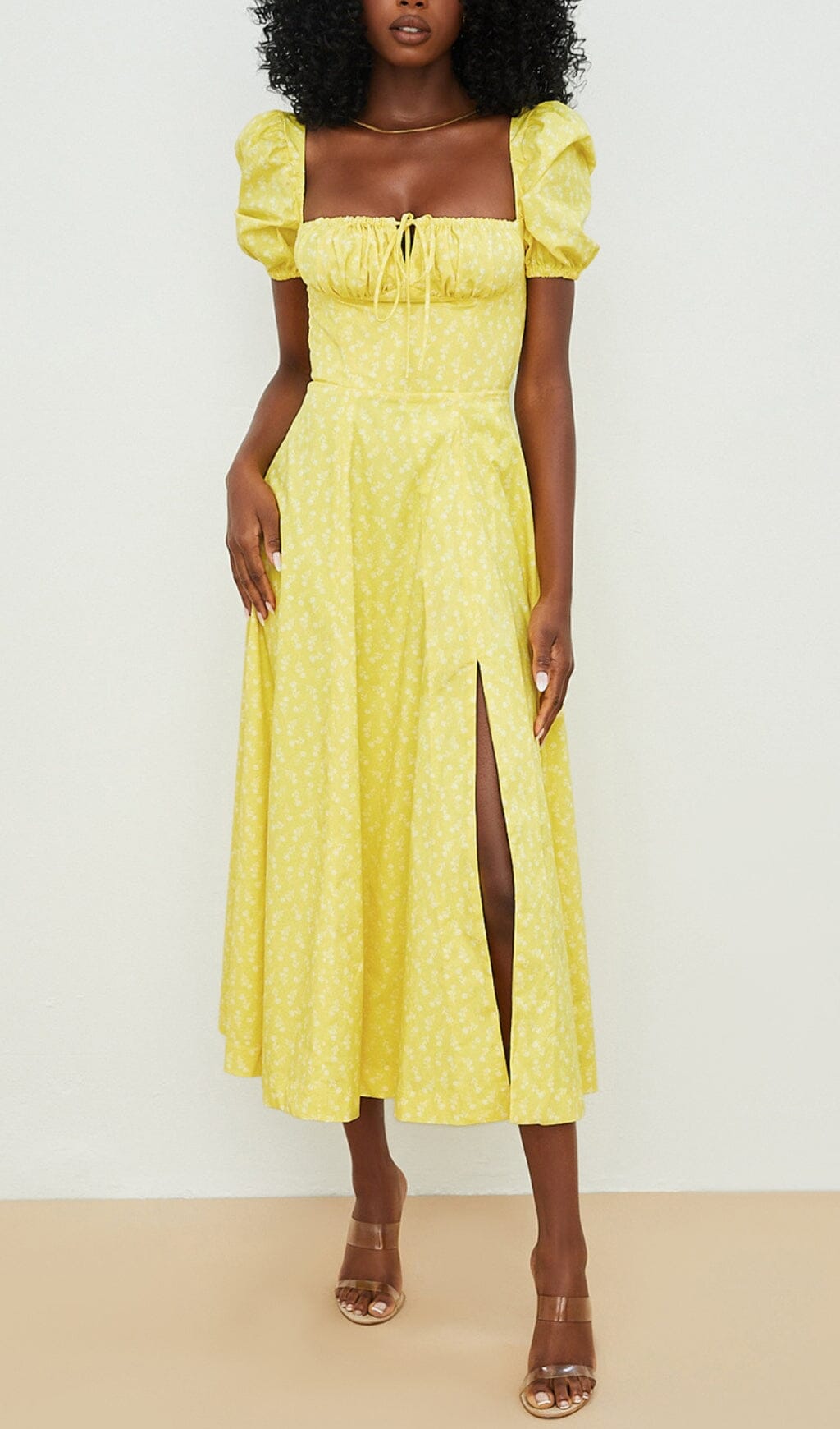 FLOWERING GIRL WOMEN VINTAGE FLORAL PUFF SLEEVE MIDI DRESS IN YELLOW