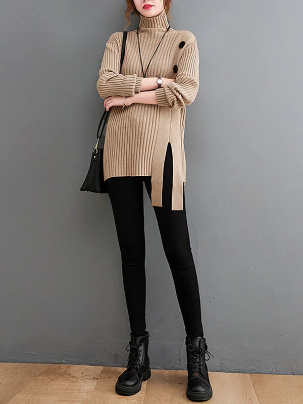 Urban Buttoned Split-Side Asymmetric Split-Joint High-Neck Sweater