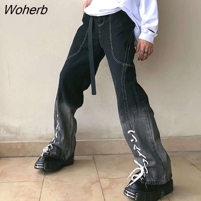 Woherb Baggy Goth Pants High Waisted Punk Black Jeans Aesthetic Women ...