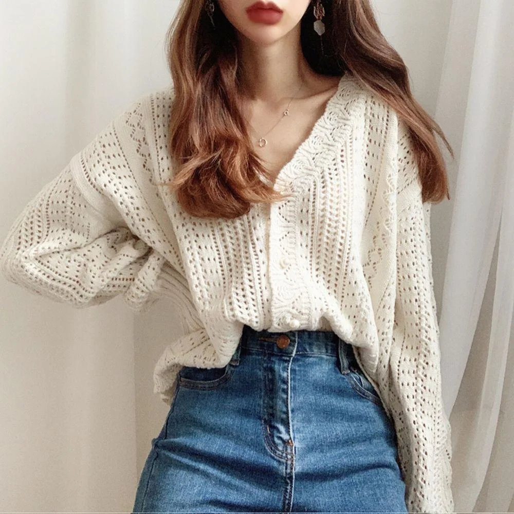HOLLOW V-NECK LONG SLEEVE KNIT SWEATER