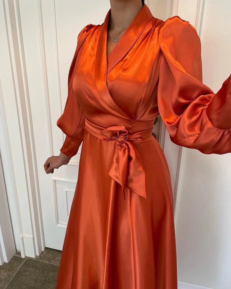 Solid Satin Lantern Sleeve Dress