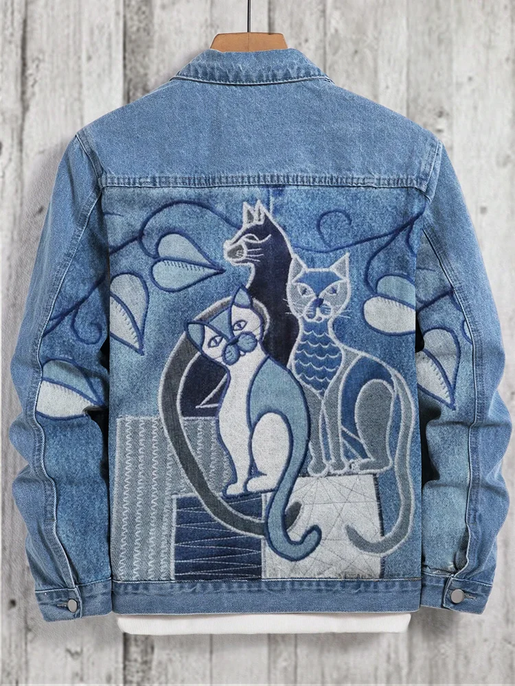 Cats Patchwork & Embroidery Art Denim Jacket