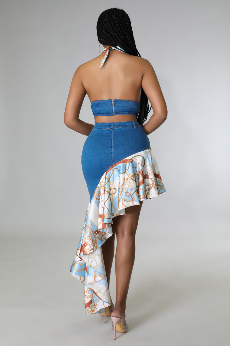 Sleeveless Cutout Patchwork Irregular Ruffle Denim Dress Set