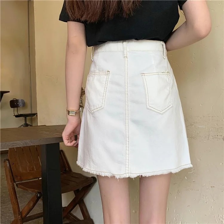 BUTTONED COLORBLOCK DENIM SKIRT