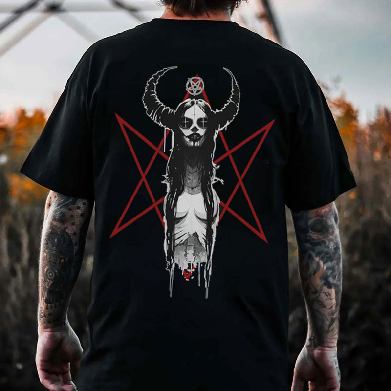 NVR SLEEP DEMON CREEP Sexy Devil Lady & Skeleton Black Print T-Shirt