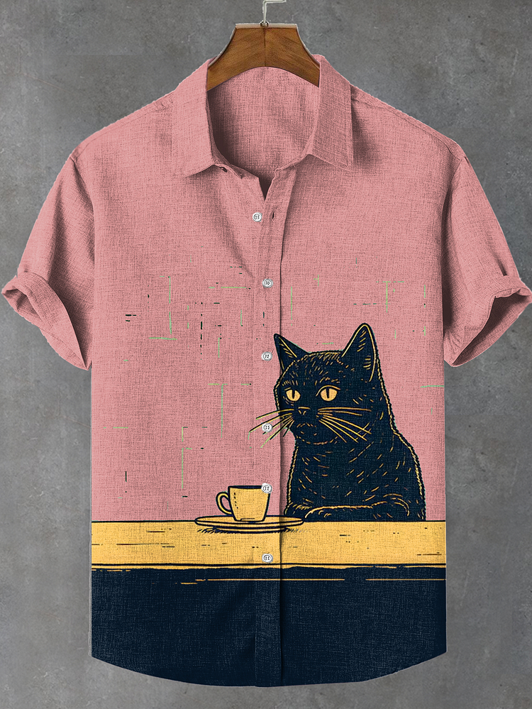 Men's Funny Black Cat Chilling Coffee Art Print Shirt Men's Funny Black Cat Chilling Coffee Art Print Shirt