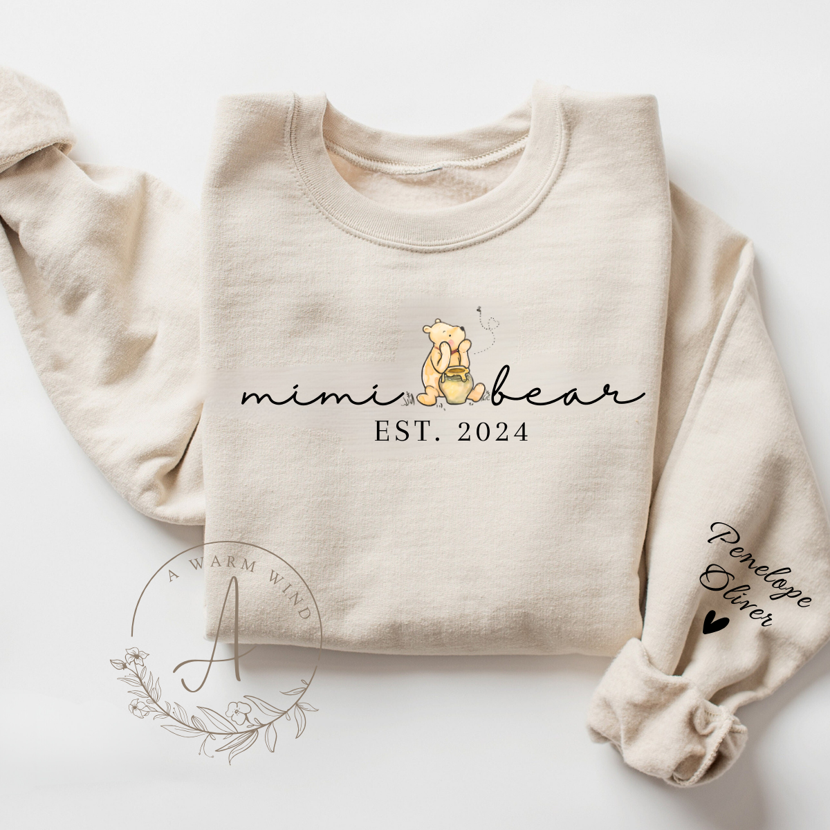 Custom Mimi Bear Sweatshirt with Kids Names on Sleeve,Gift for Mimi