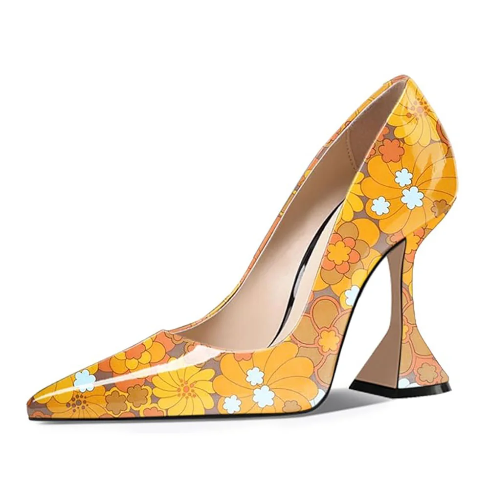 Colorful Floral Printed Patent Leather Pointed Pumps with Flared Heels