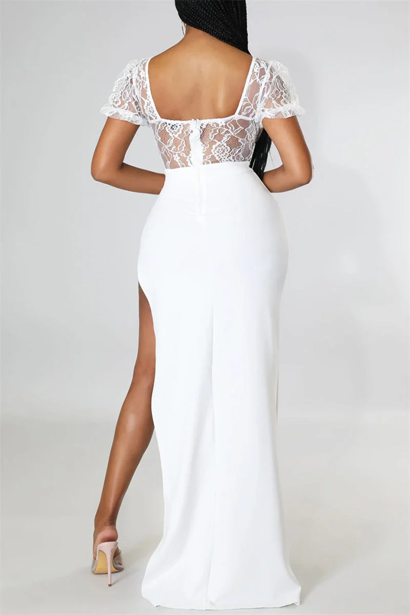Sexy Solid Split Joint See-through Backless Slit V Neck Evening Dress