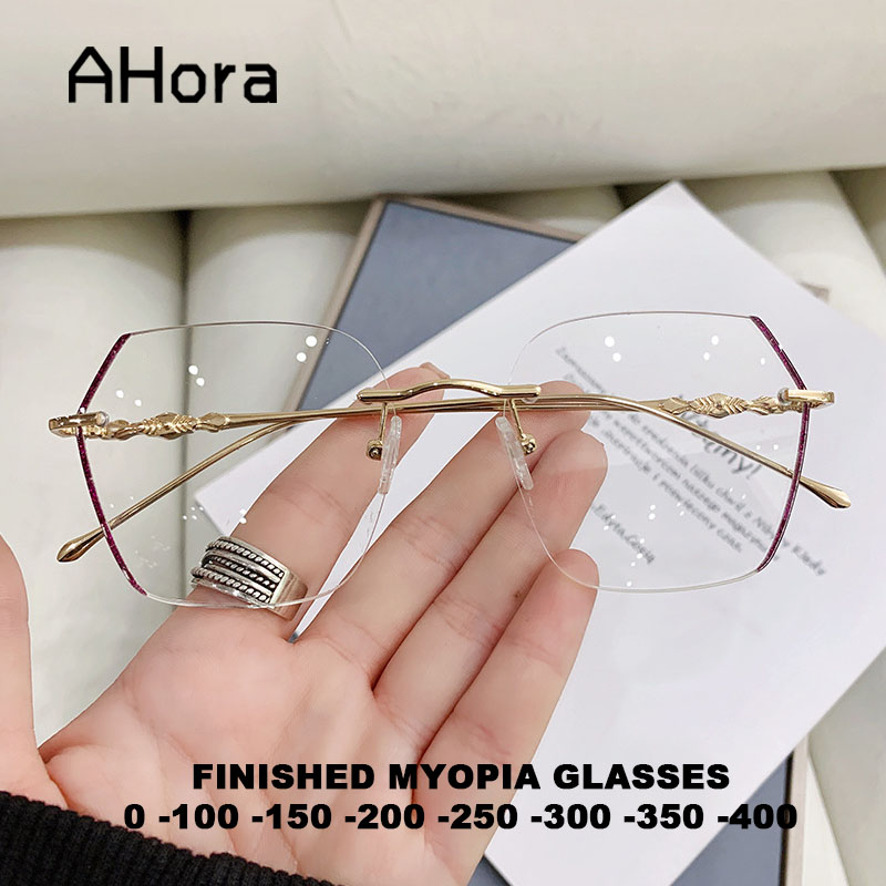 Ahora Polygon Women Optical Glasses Frame Bling Rimless Finsihed Myopia ...