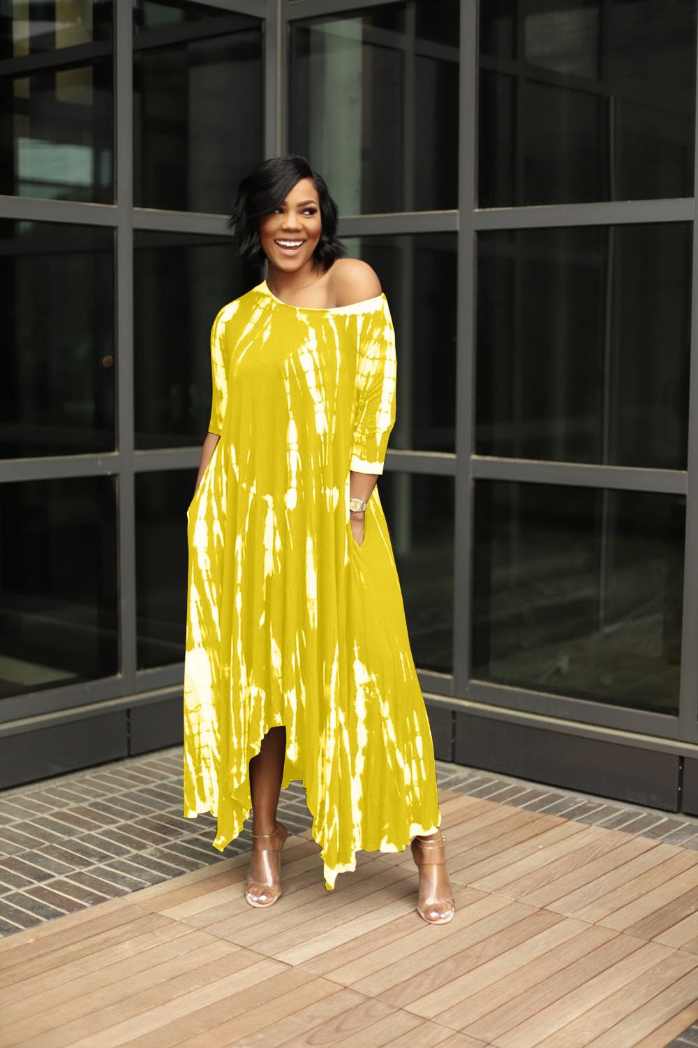 Loose Graffiti Tie Dye Pocket Midi Dress