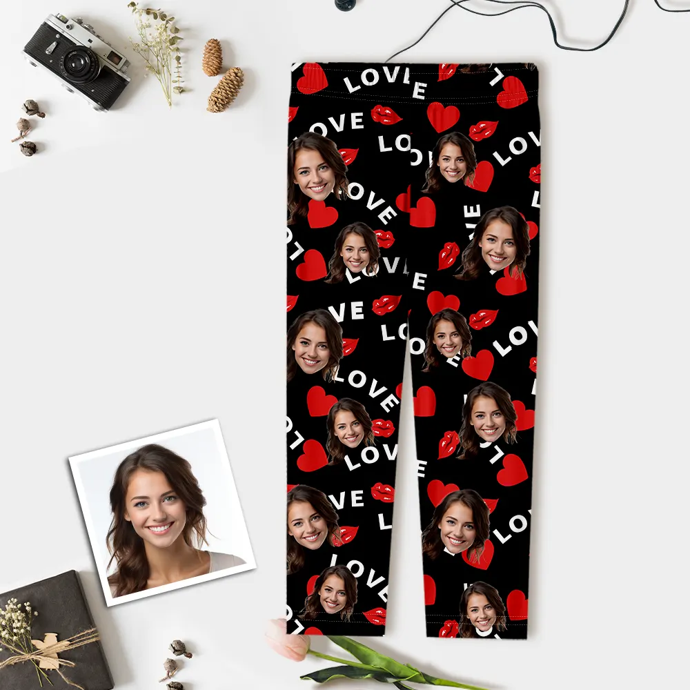 Custom Face Long Sleeve Pajamas Only Pants Custom Red Heart Couple Gift ...