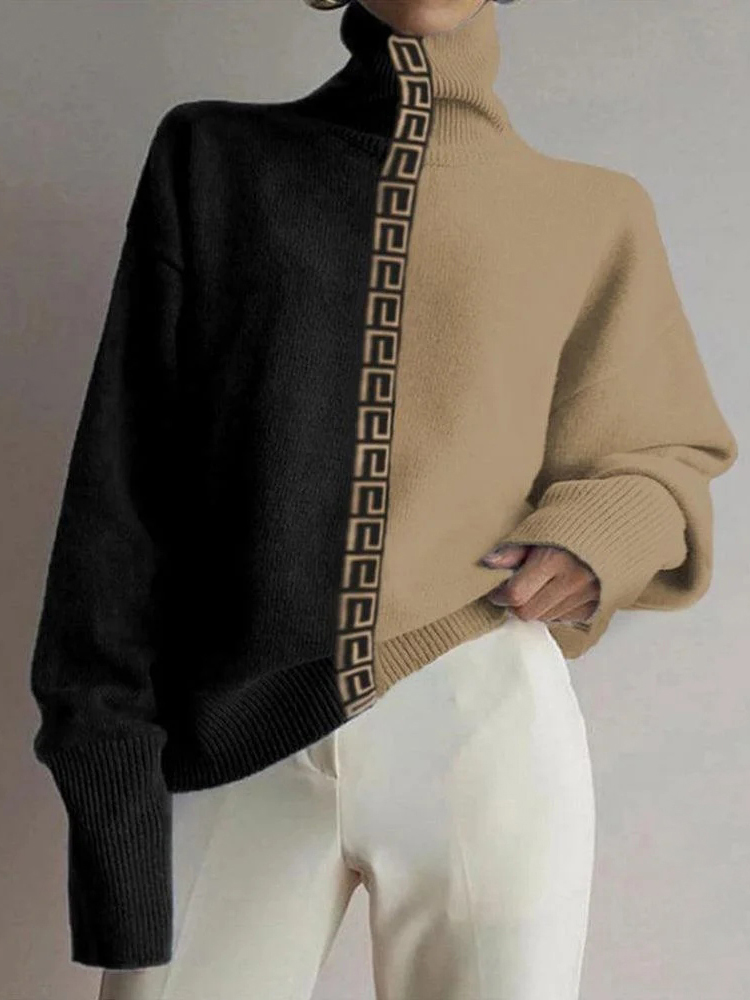 Greek Key Contrast V-neck Cozy Turtleneck Sweater