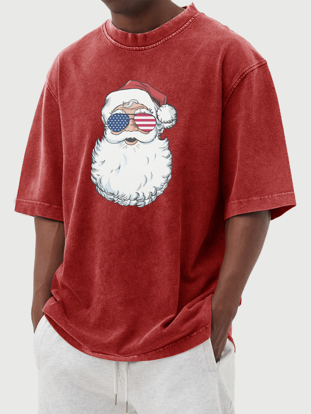 Men's 100% Cotton Washed Distressed Santa Claus Print Short Sleeve T-shirt