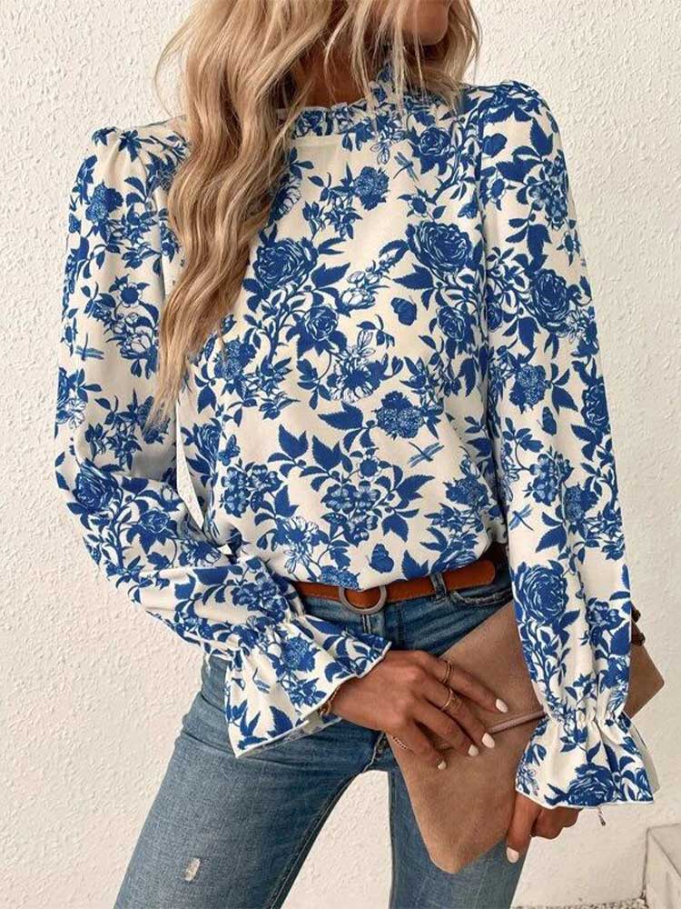 Vintage Blue Flower Print Leg o Mutton Top