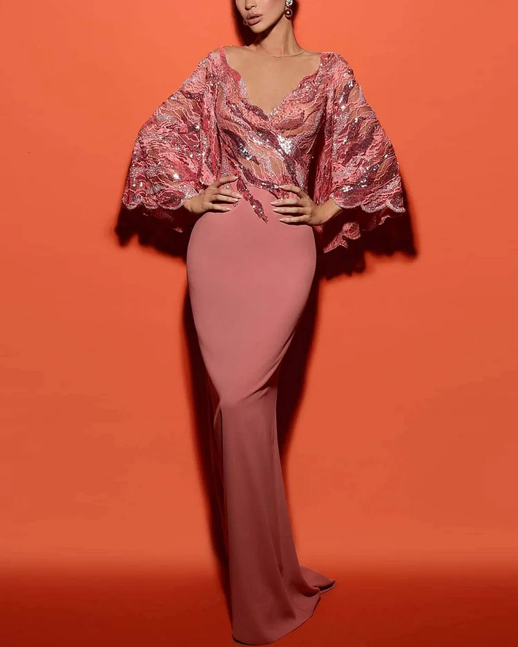 Illusion Bell Sleeve Evening Dress