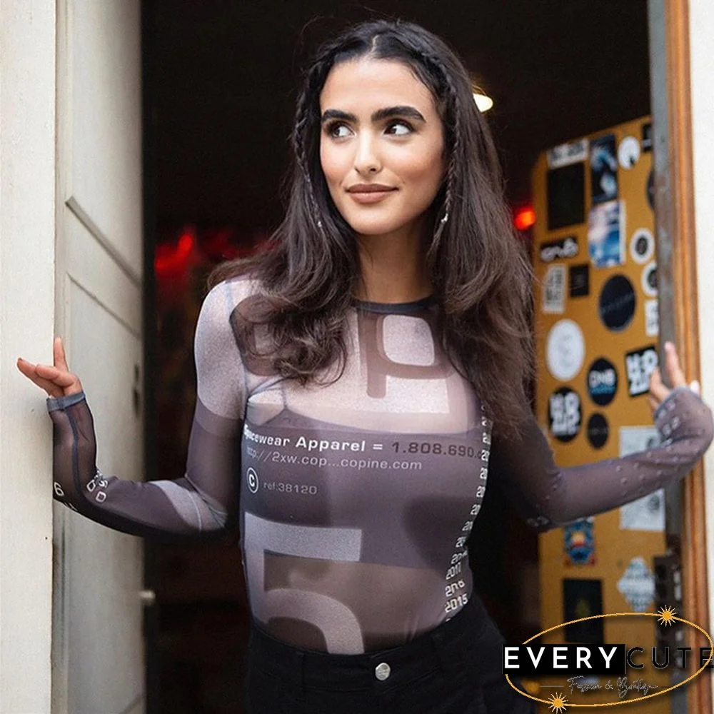 Grunge Aesthetic T-Shirts Women Autumn Digital Print Mesh Tops Slim ...