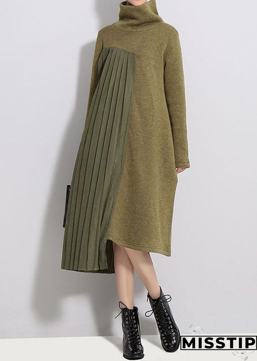 Army Green Silk Patchwork Thick Knit Dress Spring - MissTip