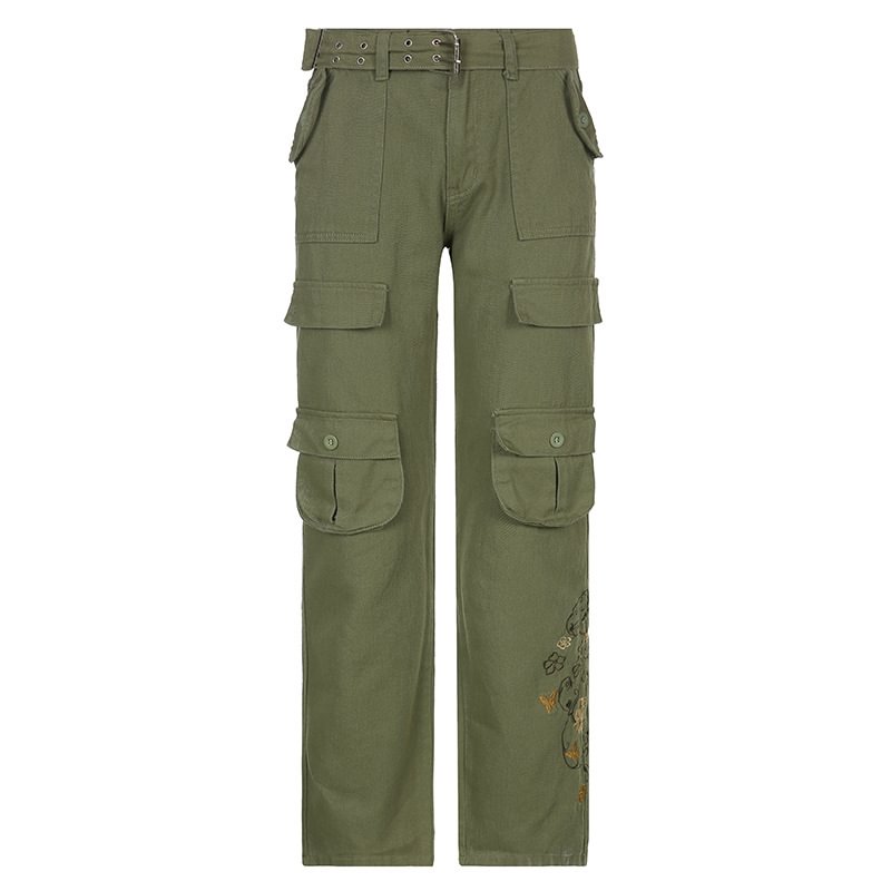 ARMY GREEN FLOWER EMBROIDERED CARGO BELTED JEANS
