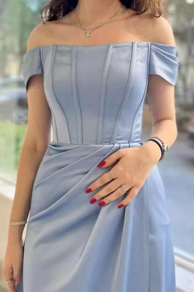 Dusty Blue Elegant Off-The-Shoulder Split Prom Dress With Pleats ED0379