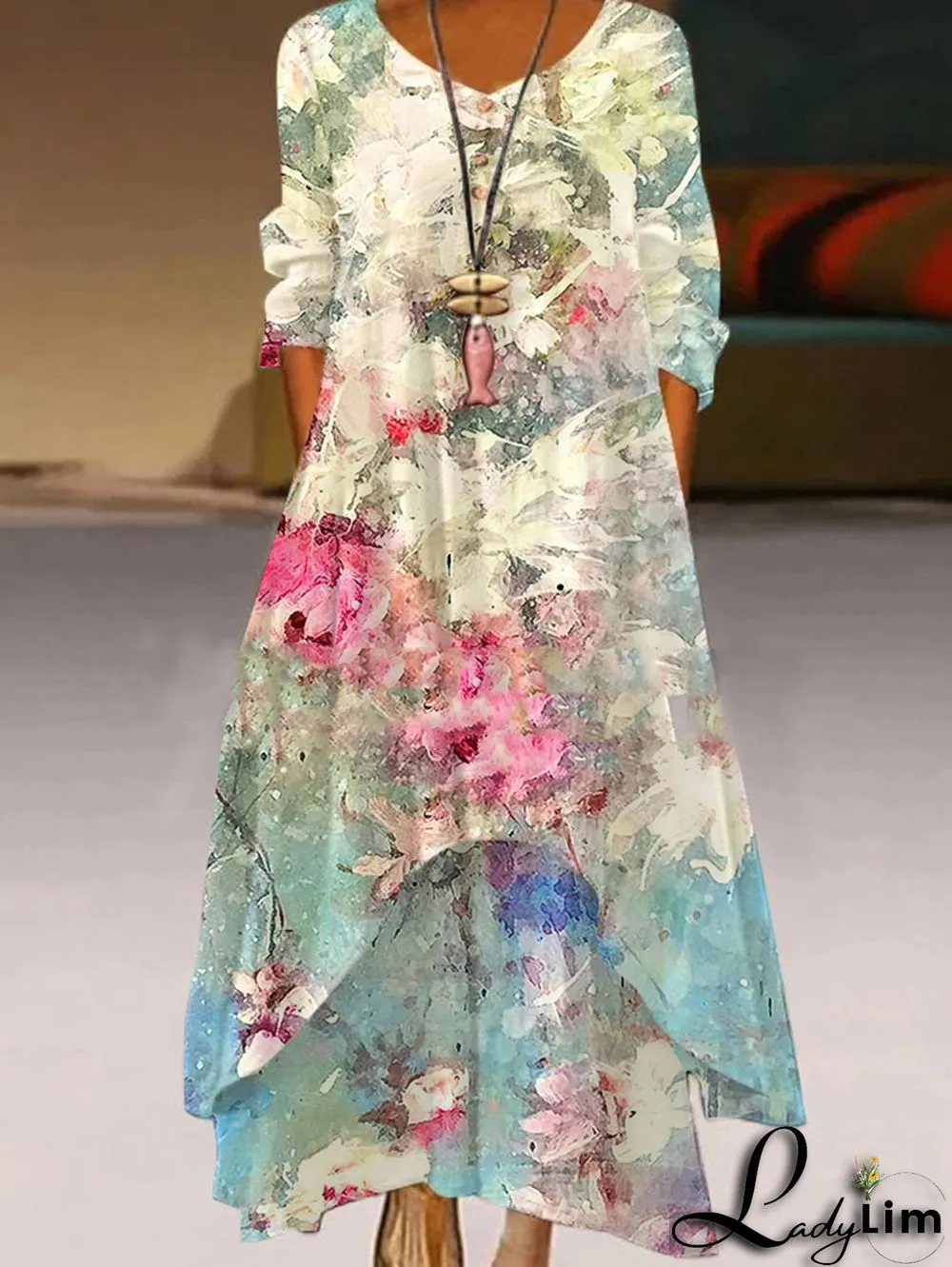 Color Oil Painting Two Layer Hem Dress - Ladylim