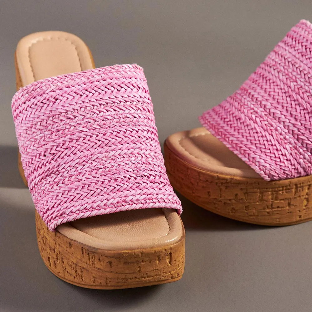 Open Square Toe Block Heel Platform Slip-On Mules for Women in Pink