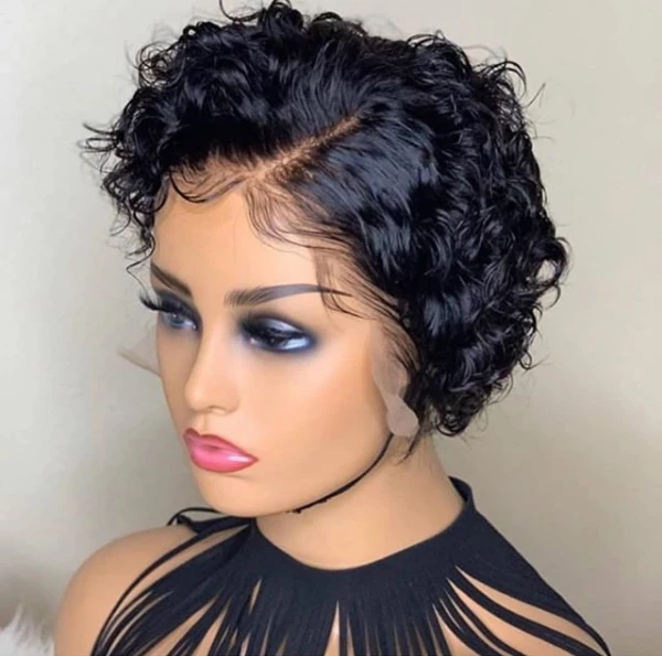 Short Curly Bob Side Part Lace Front Wigs Pre Plucked Pixie Cut Human Hair