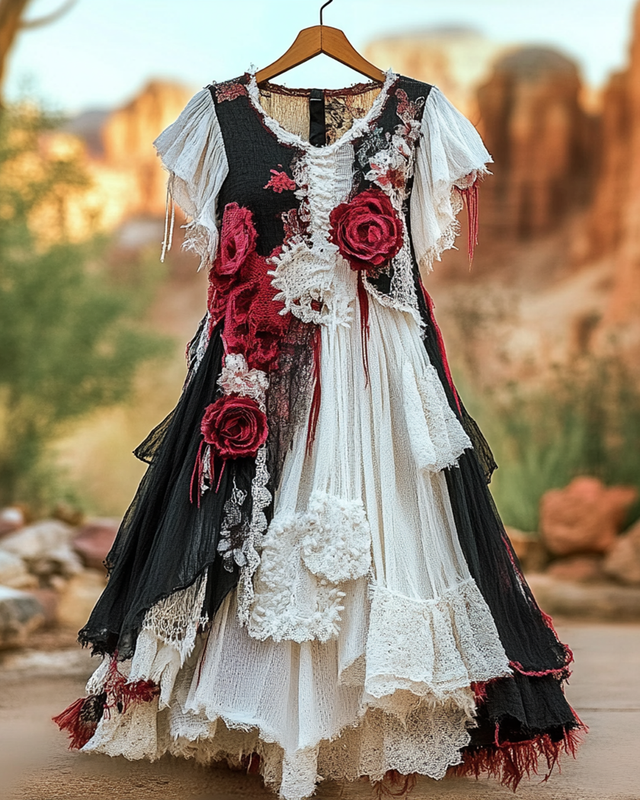 Summer Vintage Floral Lace Patchwork Dress a0a1