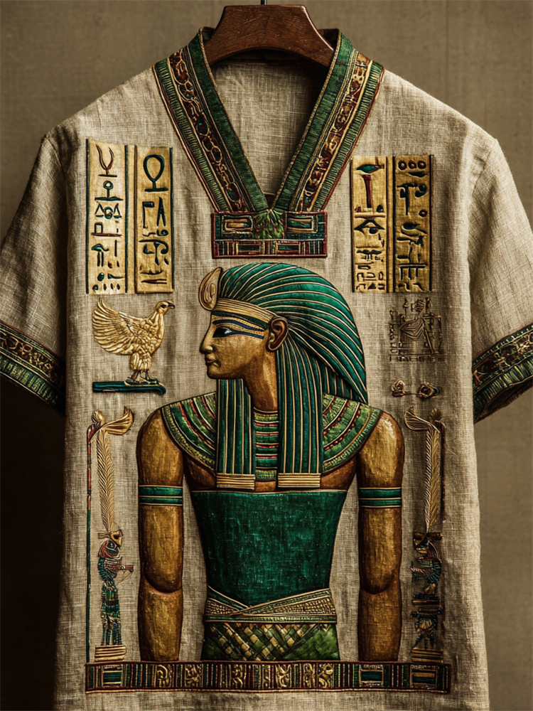 Ancient Egyptian Divine Osiris & Runes Embroidered Linen Shirt