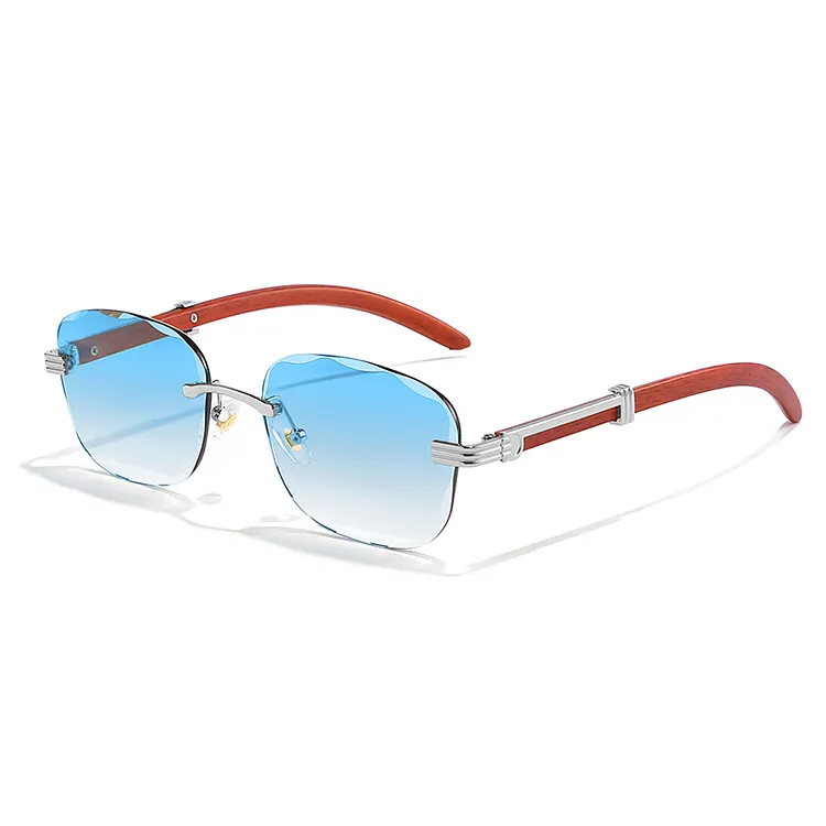 Retro Oval Borderless Sunglasses for Men's Imitation Woodgrain Ripple ...